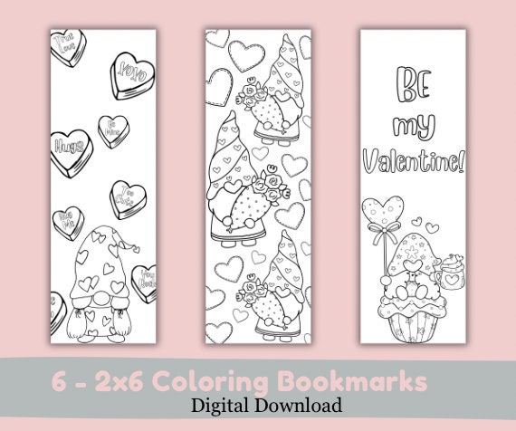 Printable Coloring Valentine Gnomes Bookmarks Digital Download Heart ...