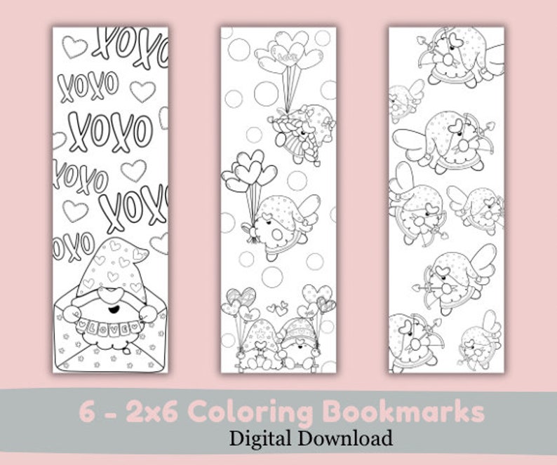 Printable Coloring Valentine Gnomes Bookmarks Digital Download Heart ...