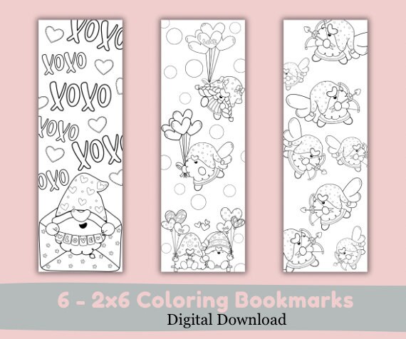Printable Coloring Valentine Gnomes Bookmarks Digital Download Heart ...