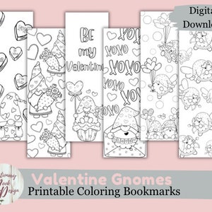 Printable Coloring Valentine Gnomes Bookmarks Digital Download Heart ...