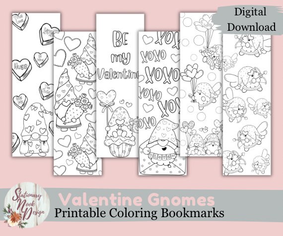 Printable Coloring Valentine Gnomes Bookmarks Digital Download Heart ...