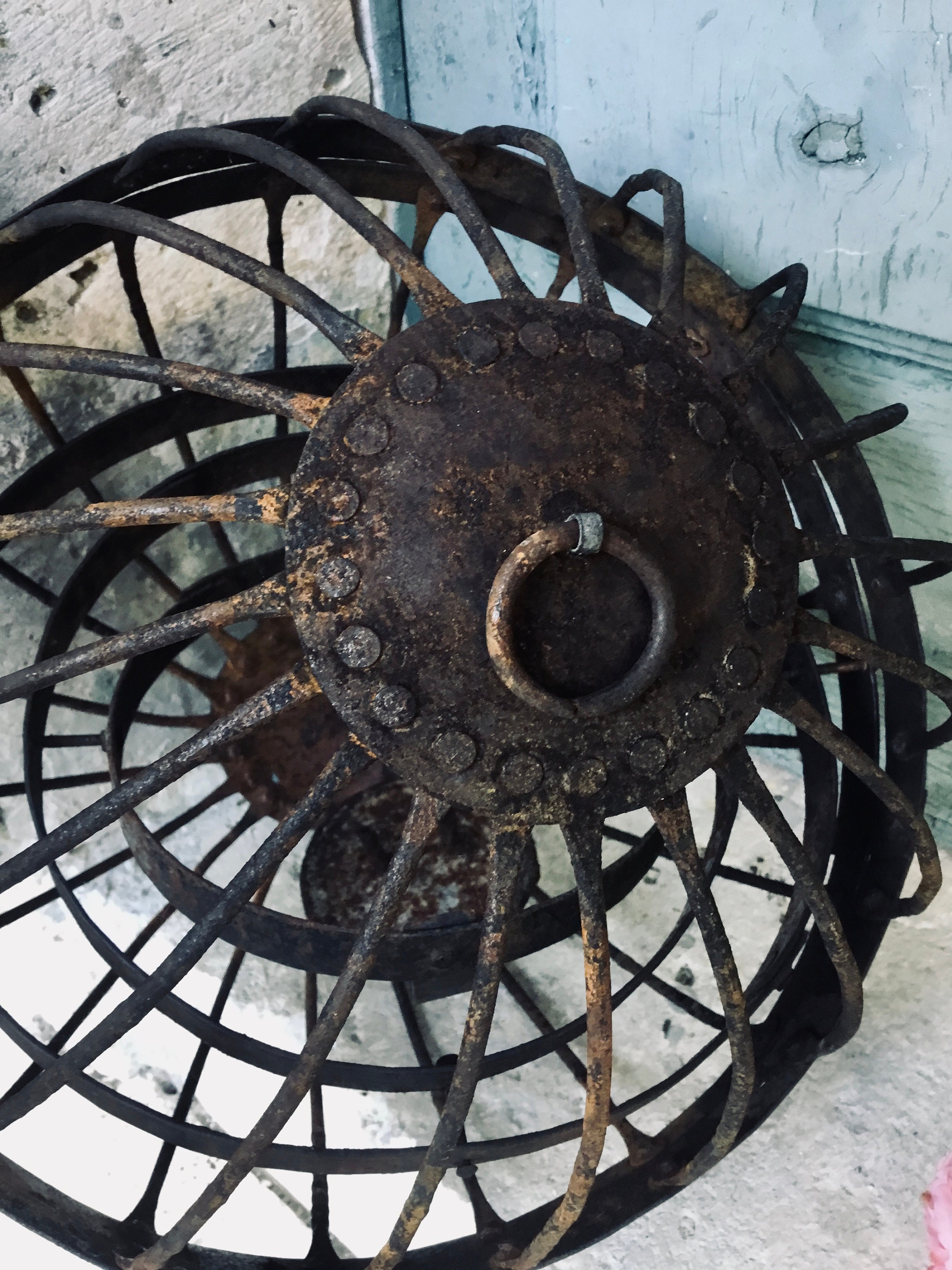 A superb antique French large iron spherical ships gimbal, whaling ...
