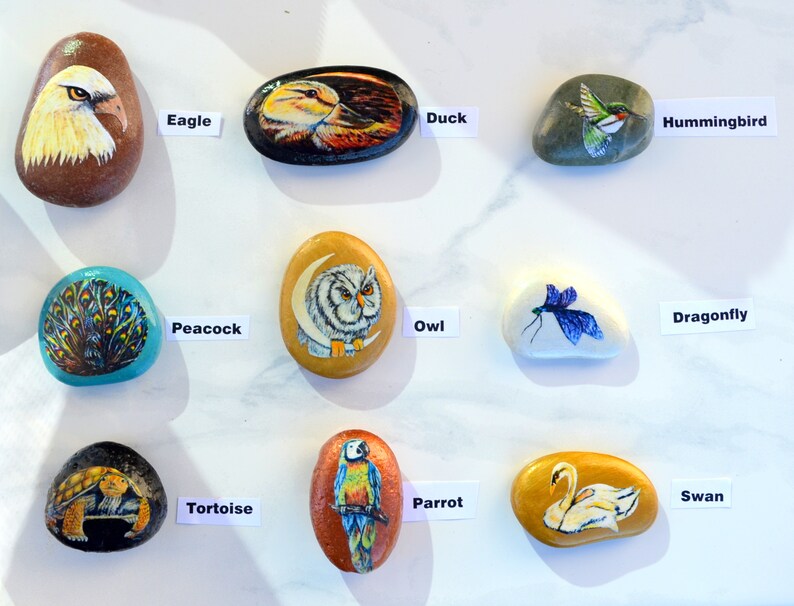Bird Totem Stone Artwork, Small Pocket Tokens, Original Hand Painted ...