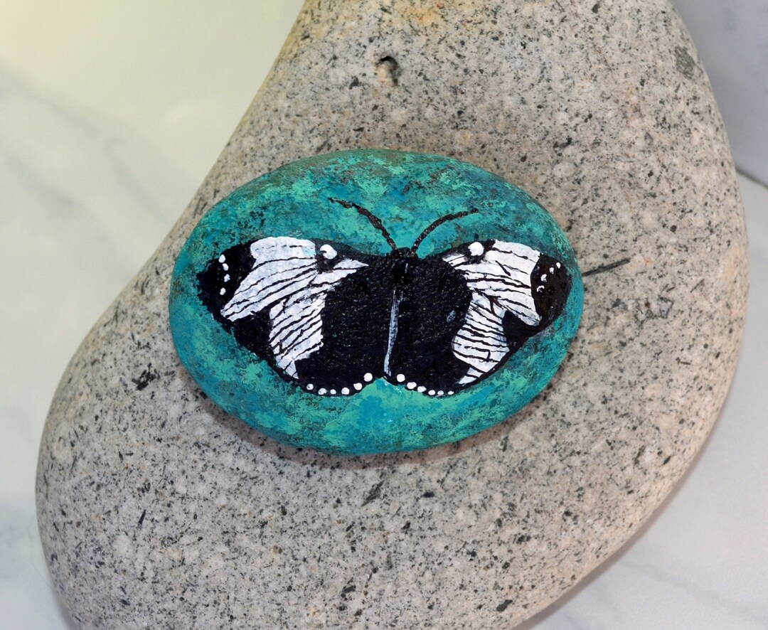 Butterfly Hand Painted Rock, Garden Stone Accent, Black White Butterfly ...