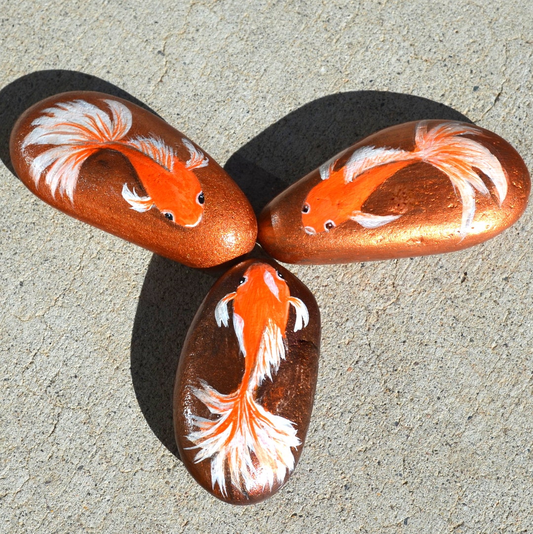 3 Koi Fish Set Hand Painted Stones, Outdoor Pond/garden Decor ...