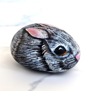 Rabbit Painted Rock Art, Animal Stone Creation of Cute Cottontail ...