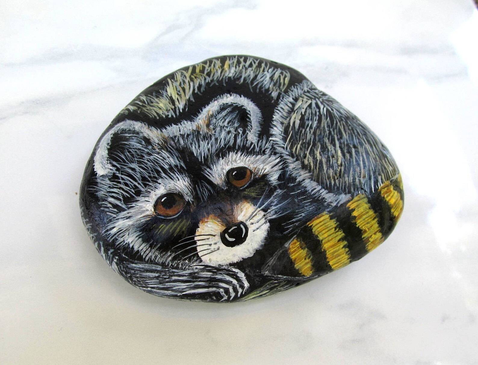 Raccoon Stone Paintings Hand Painted Rocks Raccoon Art - Etsy