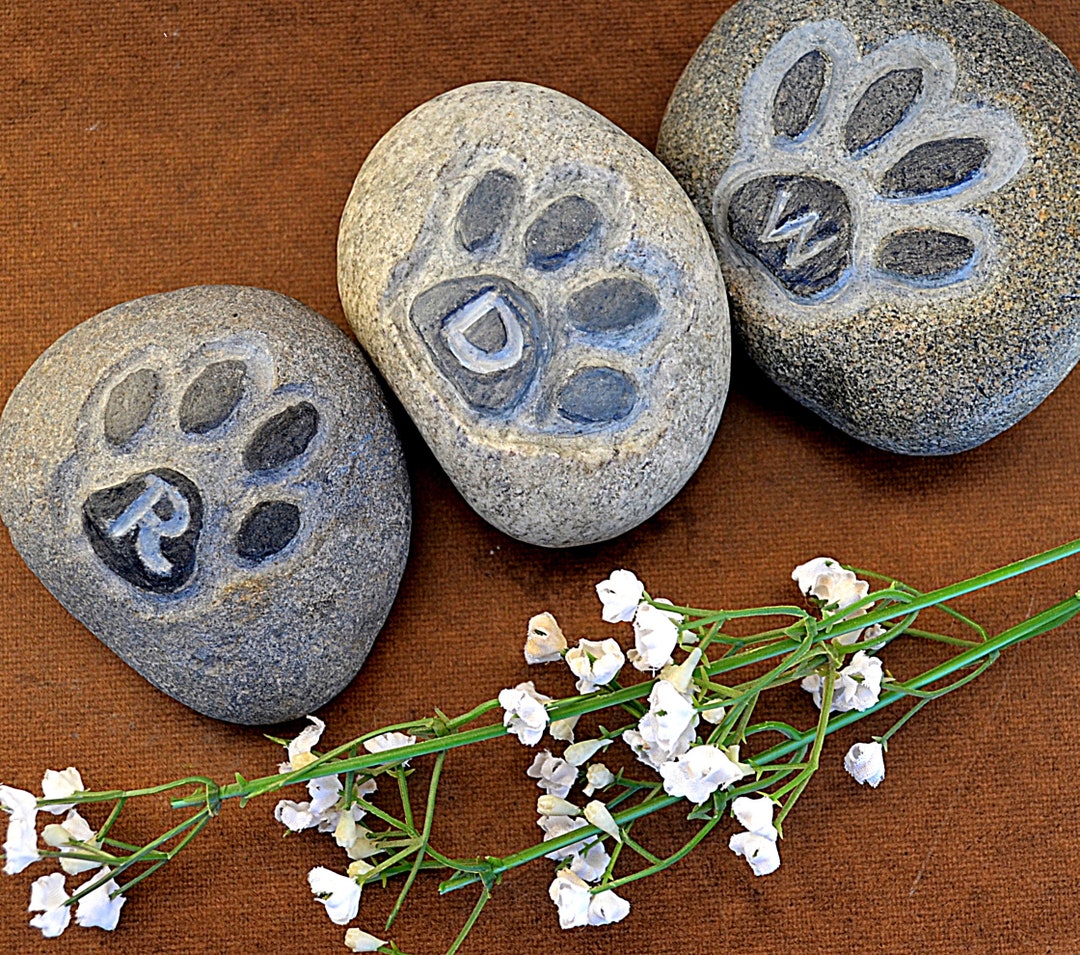 Paw Print Stone Hand Carved, Engraved Rock Art & Initial Hand-crafted ...