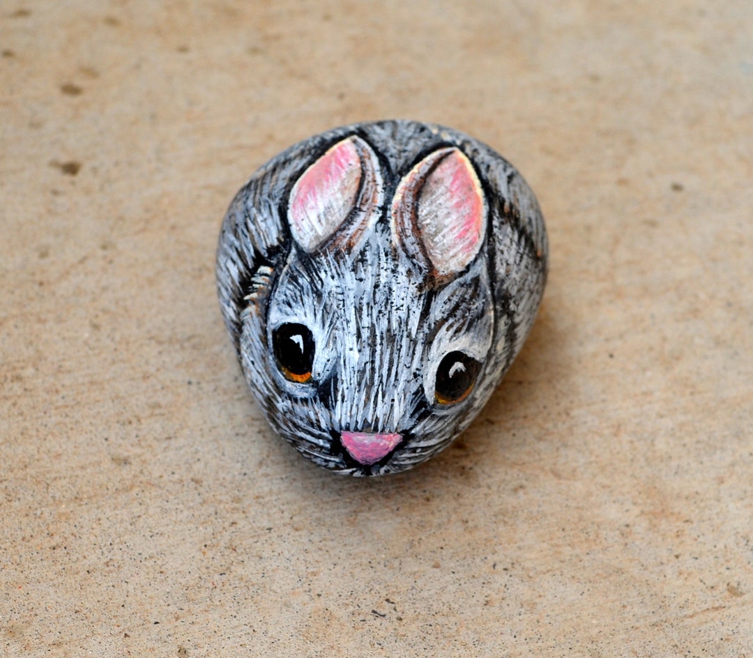 Rabbit Painted Rock Art, Animal Stone Creation of Cute Cottontail ...