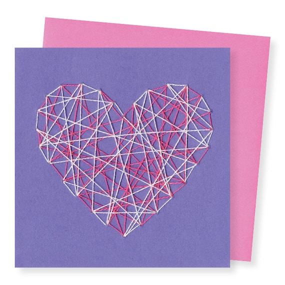 STRING HEART CARD / White & Pink Heart on Purple | Etsy