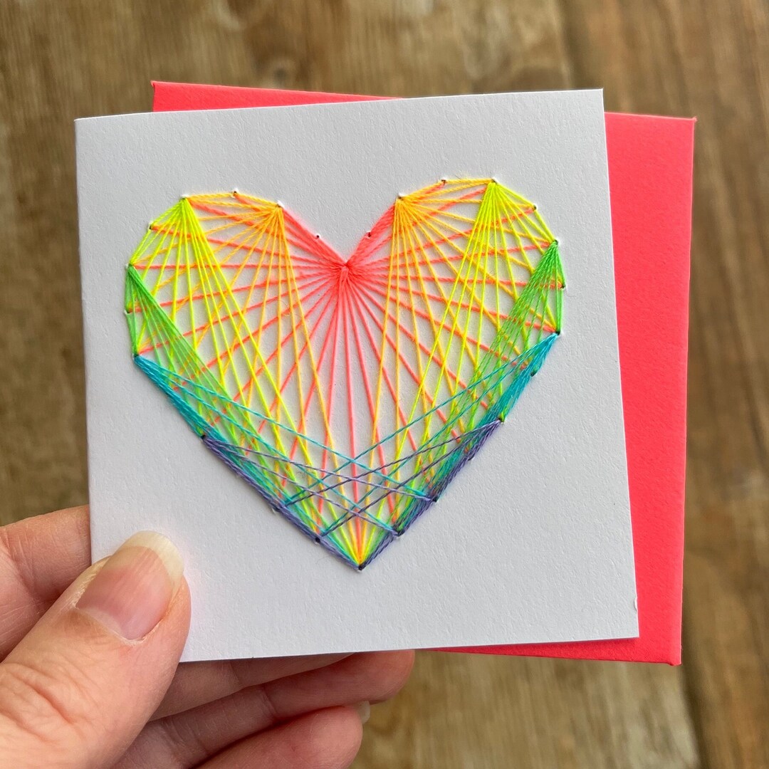 STRING HEART CARD / Fluorescent Rainbow Heart on White - Etsy