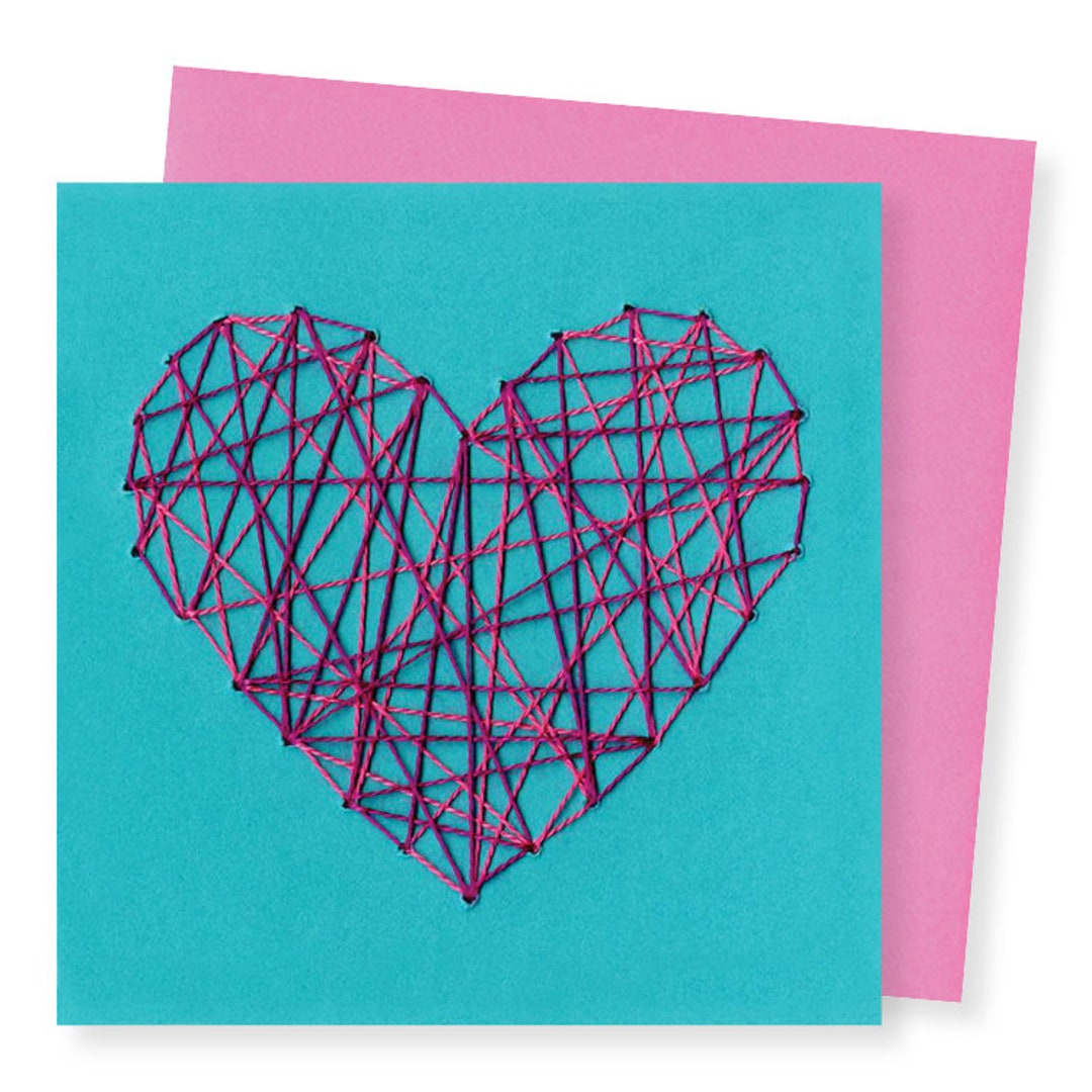 STRING HEART CARD / Pink & Fuchsia Heart on Aqua - Etsy