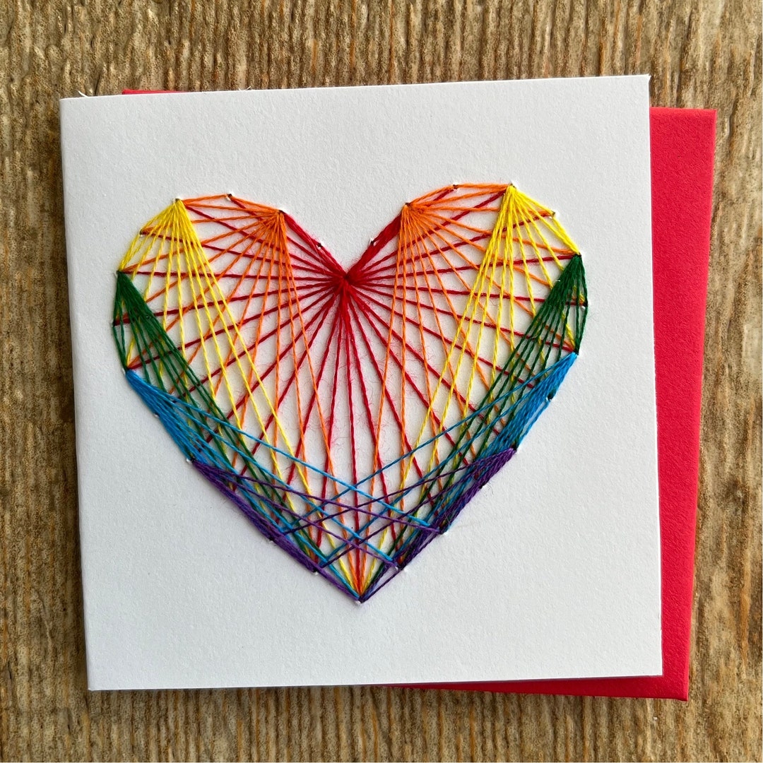 RAINBOW STRING HEART / Hand-stitched Greeting Card - Etsy