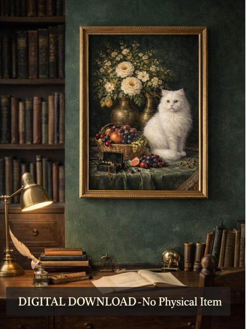 Baroque Cat Art Print | Vintage Still Life, Floral Pet Portrait ...