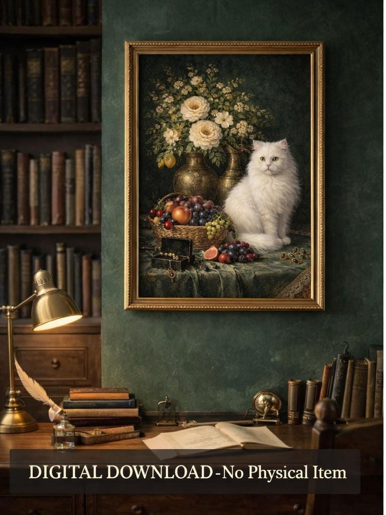 Baroque Cat Art Print | Vintage Still Life, Floral Pet Portrait ...