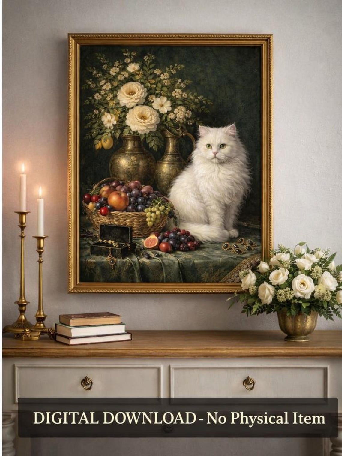 Baroque Cat Art Print | Vintage Still Life, Floral Pet Portrait ...