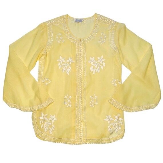 Vintage 1970s Pale Yellow Sheer Embroidered Top - Gem