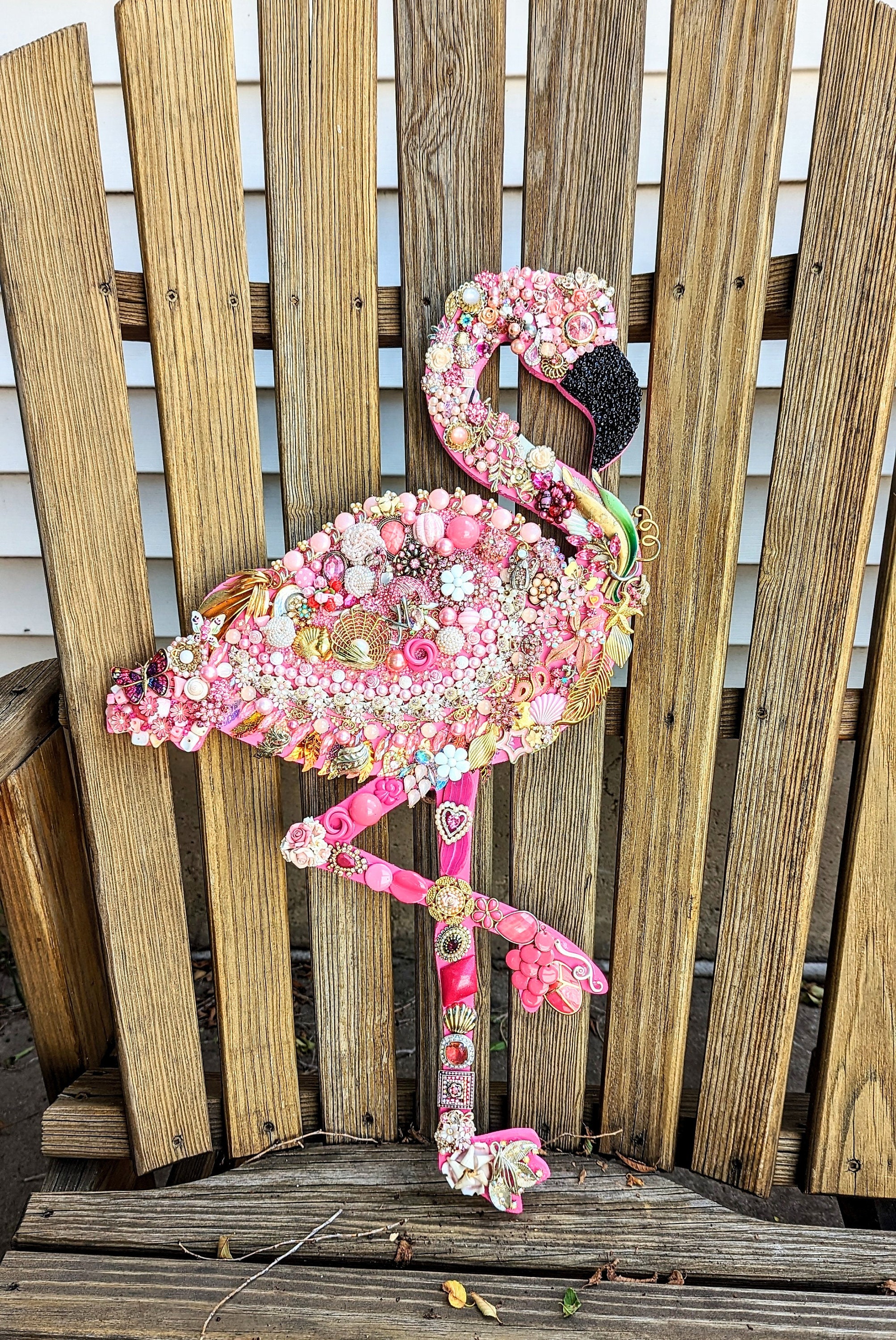 Large Handmade Collage Flamingo Vintage Costume Jewelry Pink White Gold ...