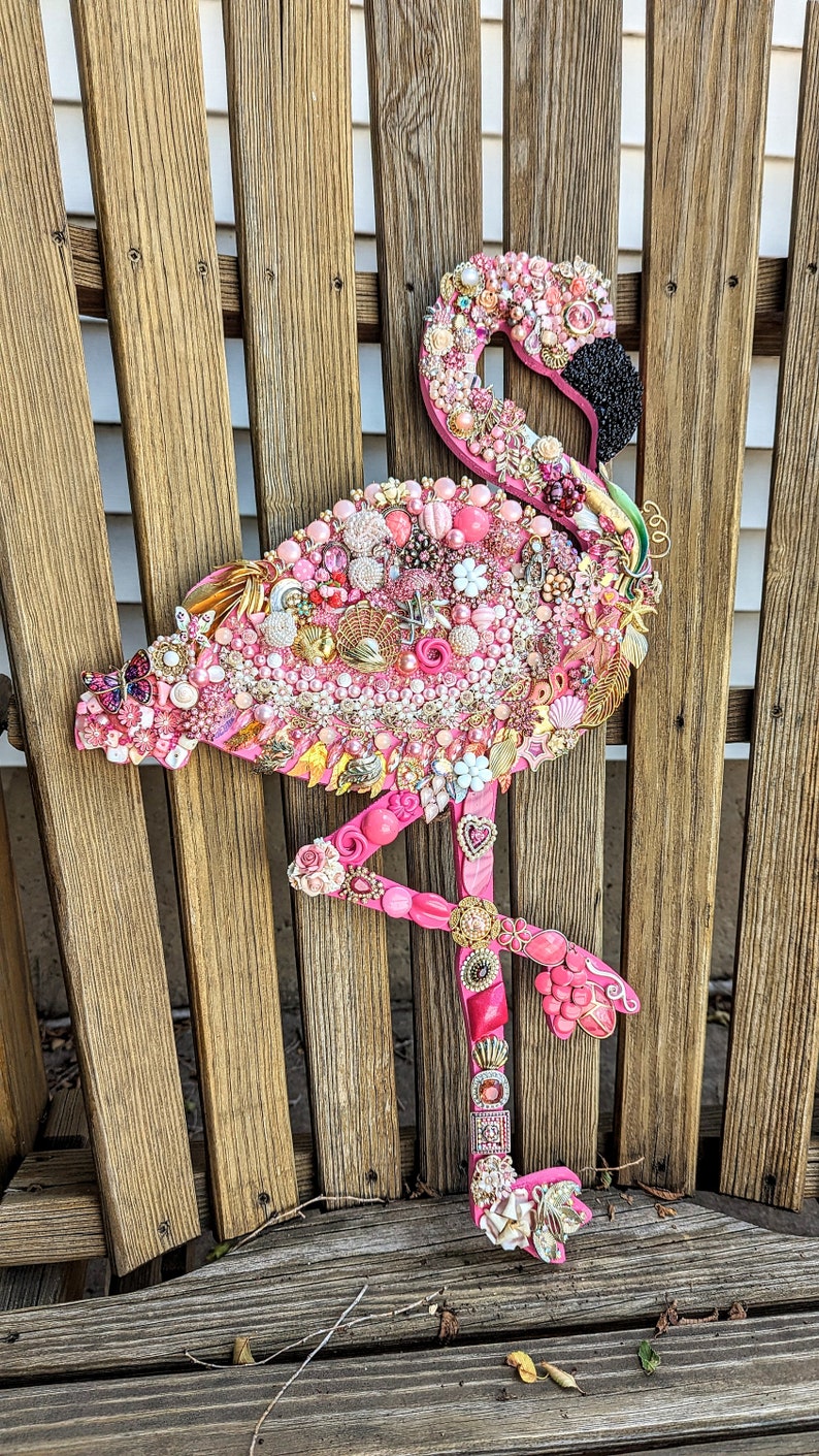 Large Handmade Collage Flamingo Vintage Costume Jewelry Pink White Gold ...