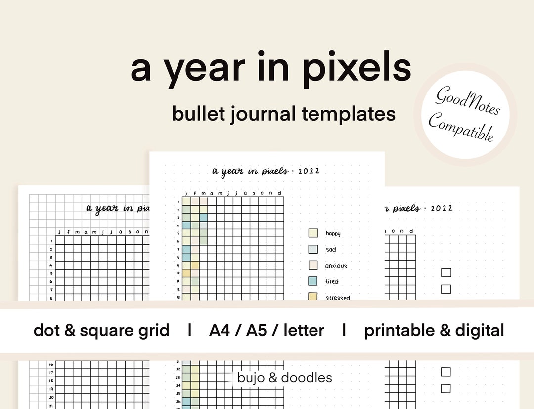 A Year in Pixels, Printable, Bullet Journal Template, Mood Tracker, A5 ...