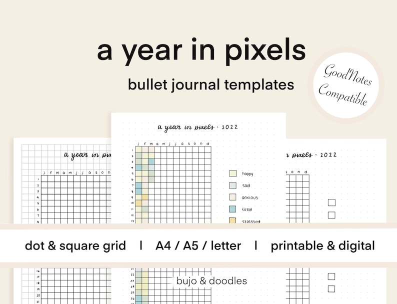 A Year in Pixels, Printable, Bullet Journal Template, Mood Tracker, A5 ...