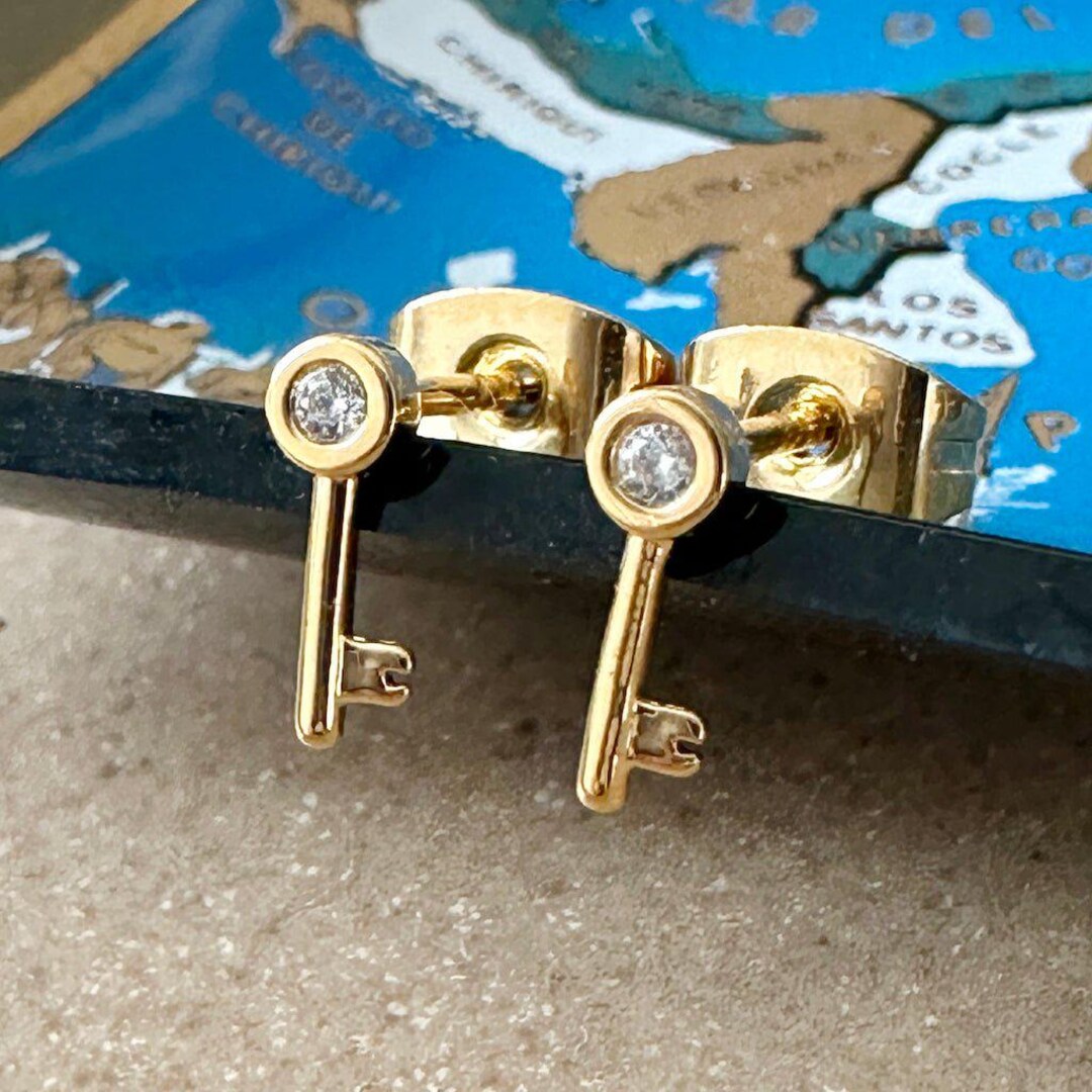 Tiny Crystal Key Studs in Gold, Silver, Rose Gold | Dainty Minimalist ...