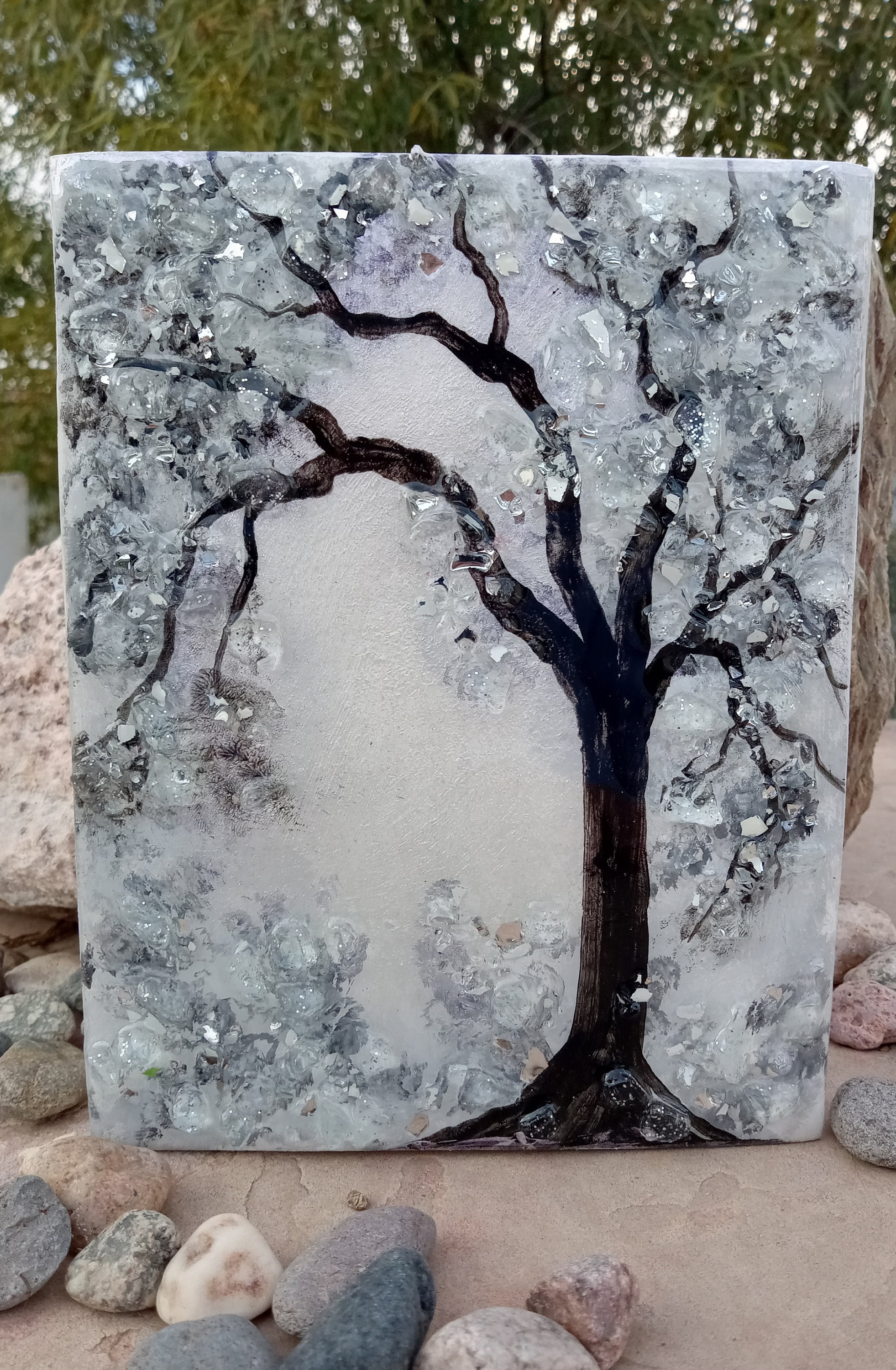 Textured Tree,crushed Glass,black,white,monocrome,sparkle,7x5.5x1.5 ...
