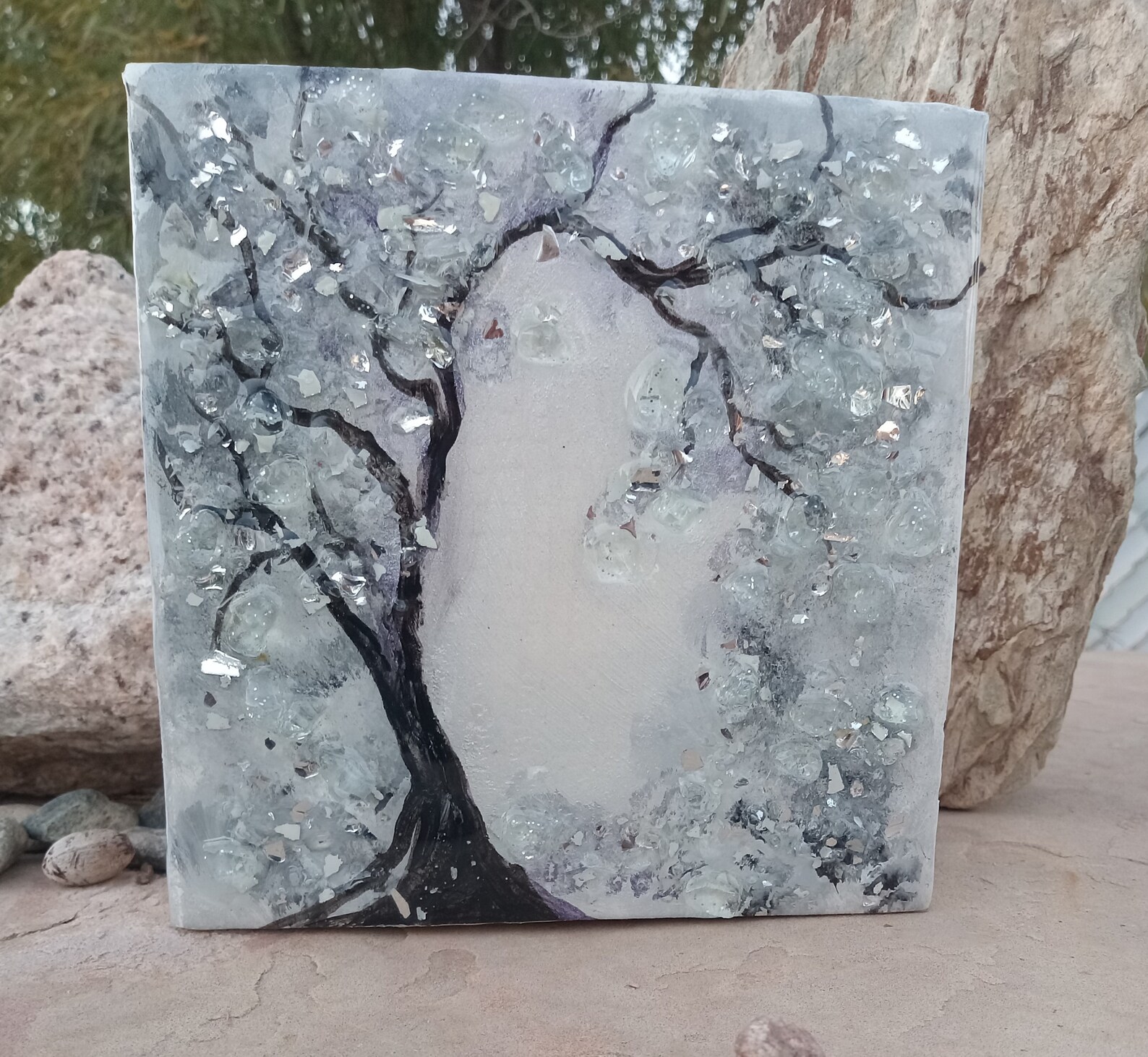 Textured Tree,crushed Glass,black,white,monocrome,sparkle,5.5x5.5x1.5 ...