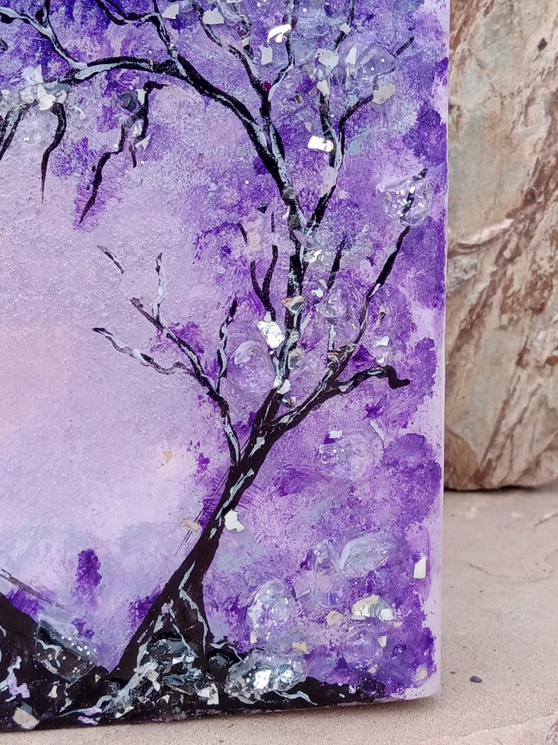 Textured Tree Painting,crushed Glass,wood Block,resin,heart,purple,blue ...
