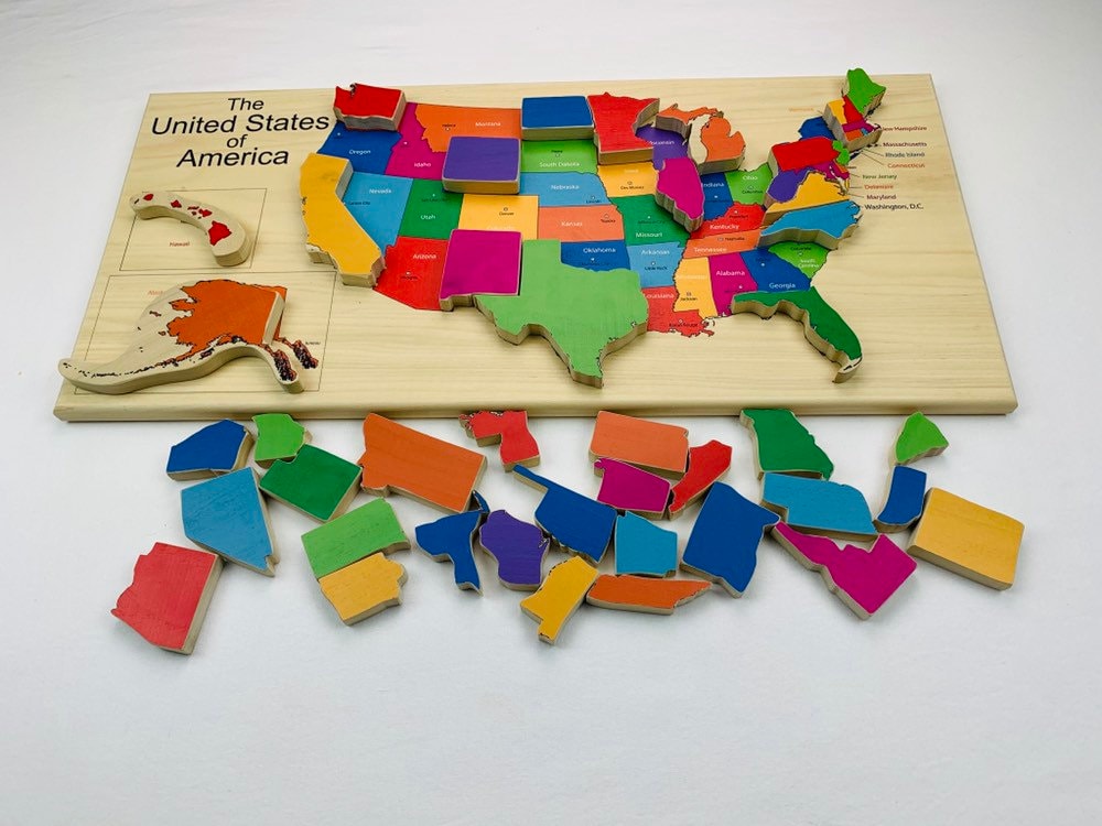 Wooden Usa Map Puzzle With States And Capitals - Map