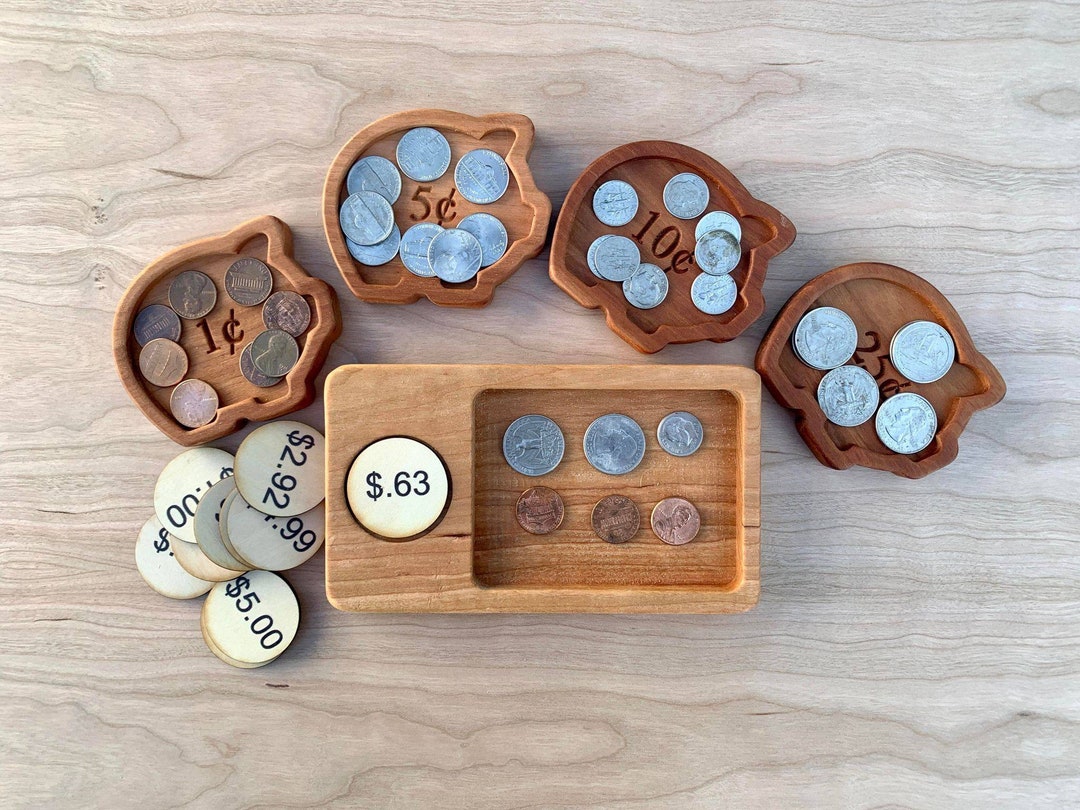 Money Sorting Activity, Wooden Sand Tray, Math Board, Cherry Wood Pigs ...