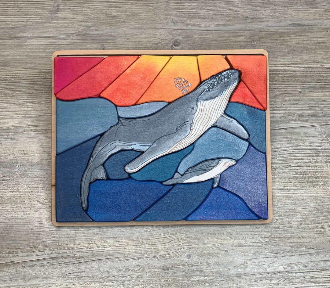Wooden Puzzle With Mother and Baby Humpback Whale, Chunky Blocks Puzzle ...