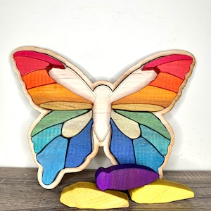 Wooden Rainbow Butterfly Puzzle, Chunky Blocks Puzzle, Nature Building ...