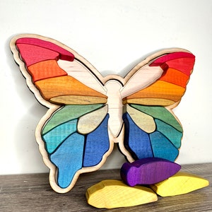 Wooden Rainbow Butterfly Puzzle, Chunky Blocks Puzzle, Nature Building ...