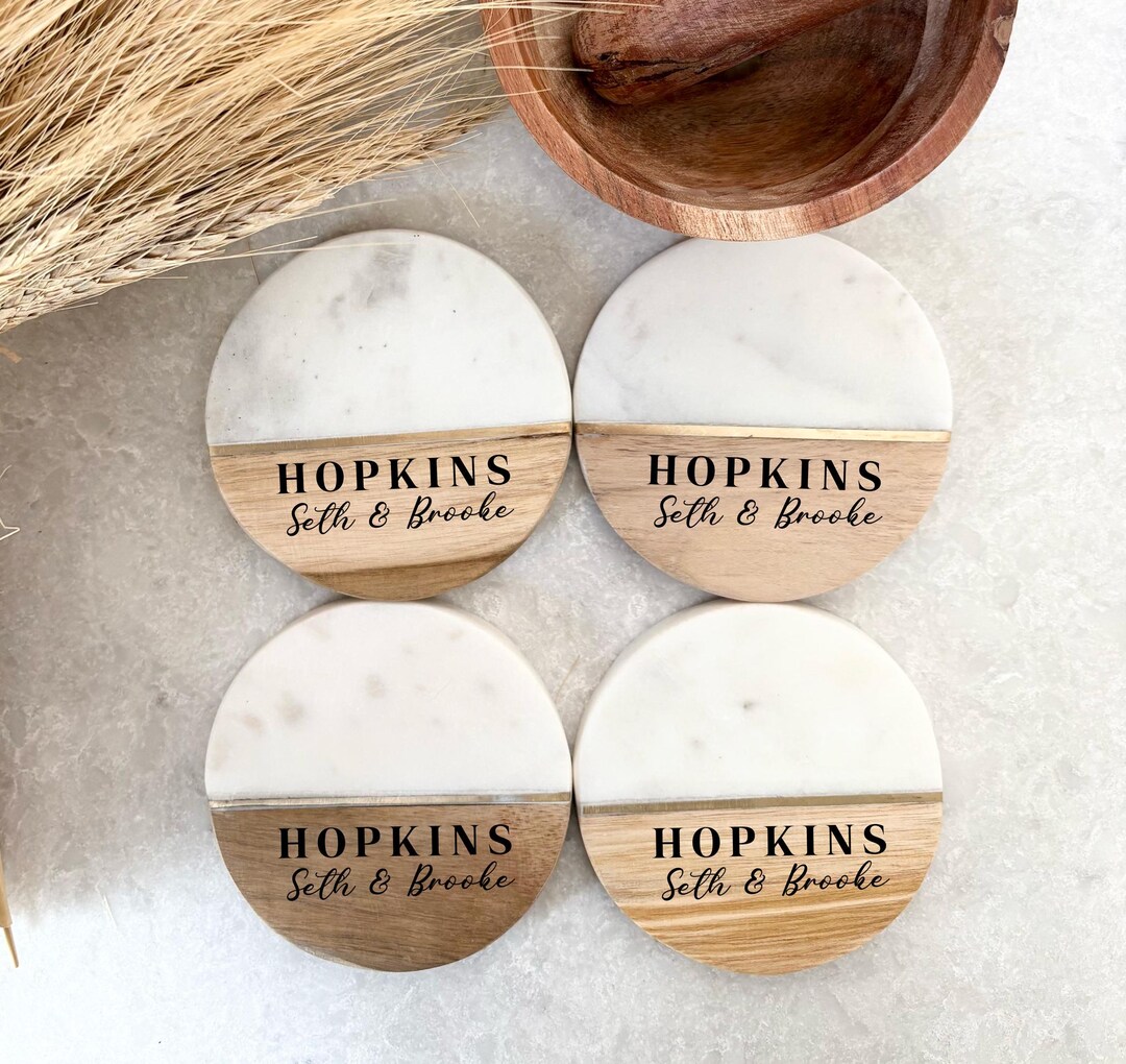 Personalized Marble & Wood Coasters: Engraved Family Name, Set of 4 - Etsy
