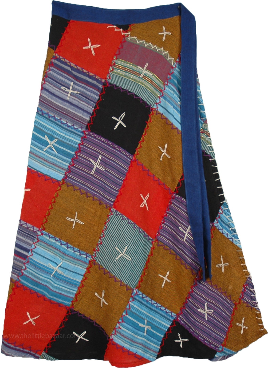 Solids and Stripes Colors Patchwork Wrap Skirt With Embroidery - Etsy