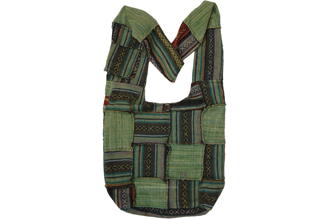 Green Boho Patchwork Cotton Dari Boho Shoulder Bag in Striped Patchwork ...