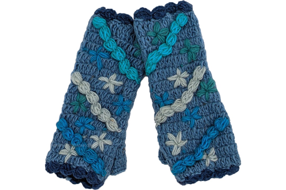 Handknit Pure Wool Fingerless Hand Wrist Warmers in Blue and Grey Wool ...