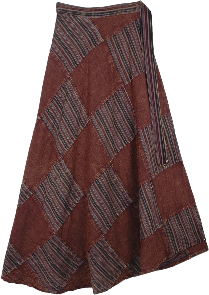 Long Brown Patchwork Wrap Skirt With Symmetrical Stonewashed - Etsy