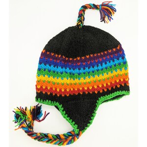 Unisex Rainbow and Black Winter Hat in Pure Wool With Ear Flap and ...