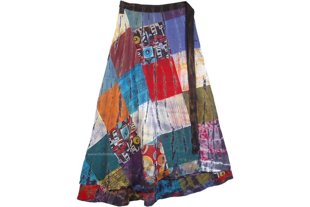 Plus Size Square Patchwork Long Wrap Around Skirt in Cotton in ...