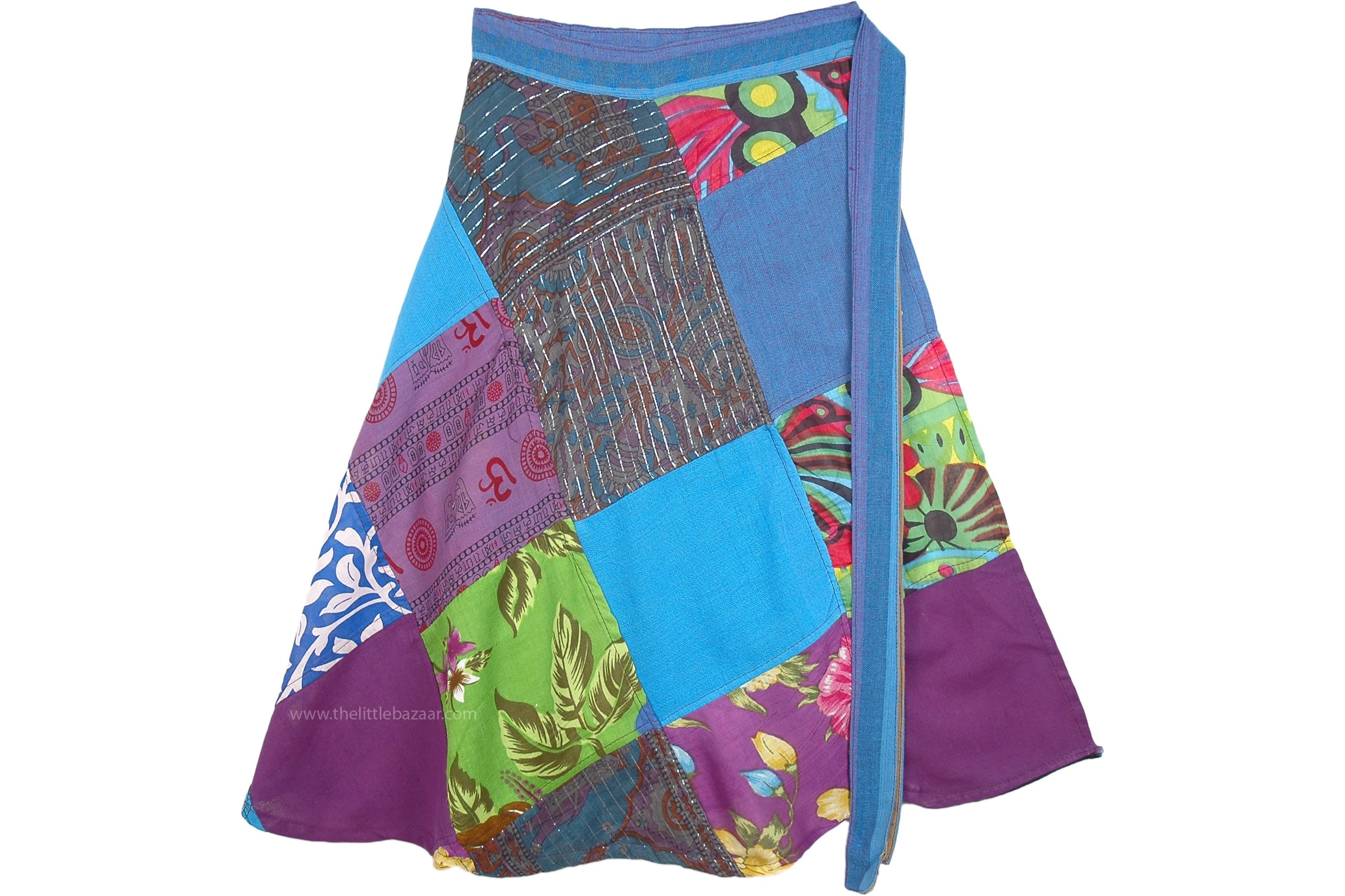 Knee Length Blue Floral Printed Patchwork Cotton Summer Wrap Around ...