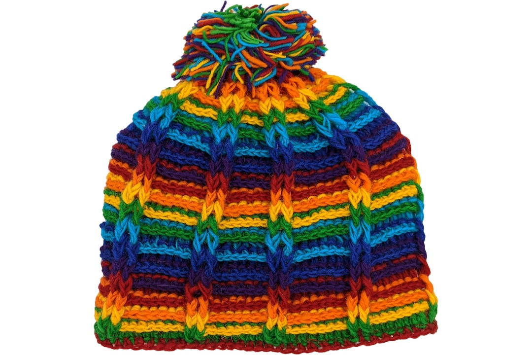 Rainbow Colors Beanie Style Pure Wool Hand Knitted Winter Hat With ...