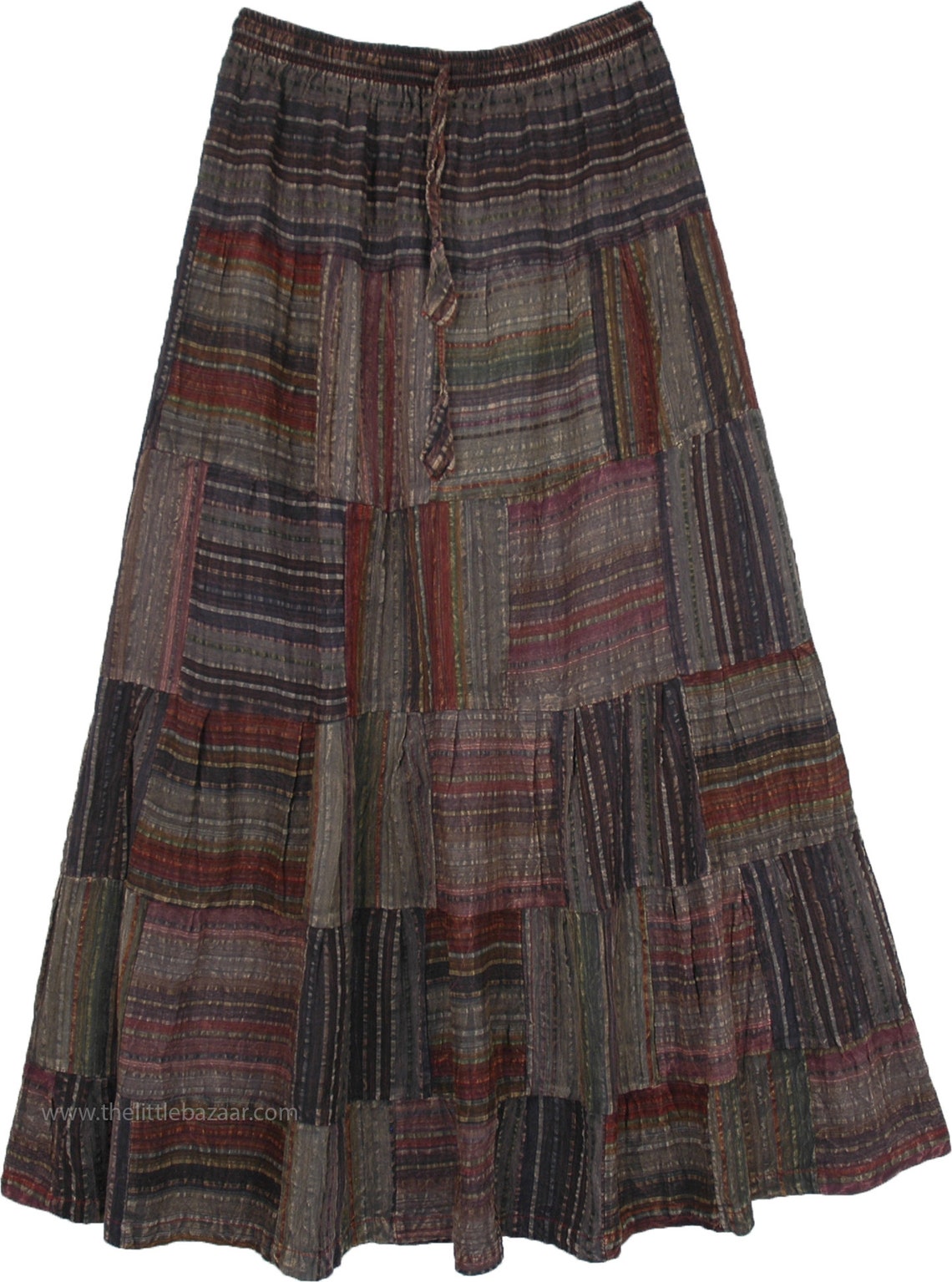 Boho Stonewashed Patchwork Skirt in Earthen Colors Made From Textured ...