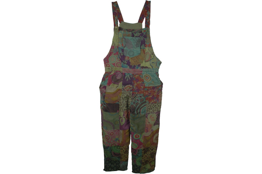Green Earthen Patchwork Cotton Jumpsuit Dungaree Overalls With Side and ...
