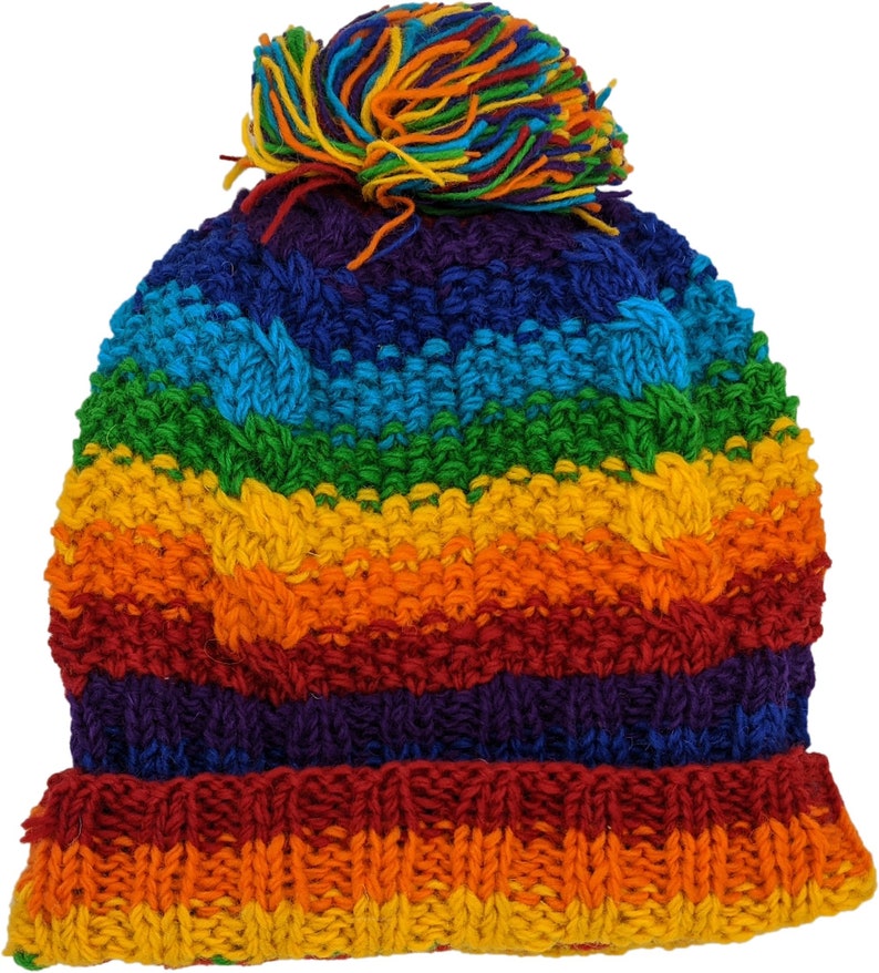 Rainbow Beanie Hat Fleece Lined Hand Knitted From Pure Sheep Wool - Etsy