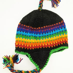 Unisex Rainbow and Black Winter Hat in Pure Wool With Ear Flap and ...