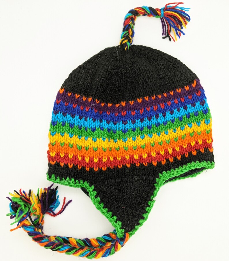 Unisex Rainbow and Black Winter Hat in Pure Wool With Ear Flap - Etsy
