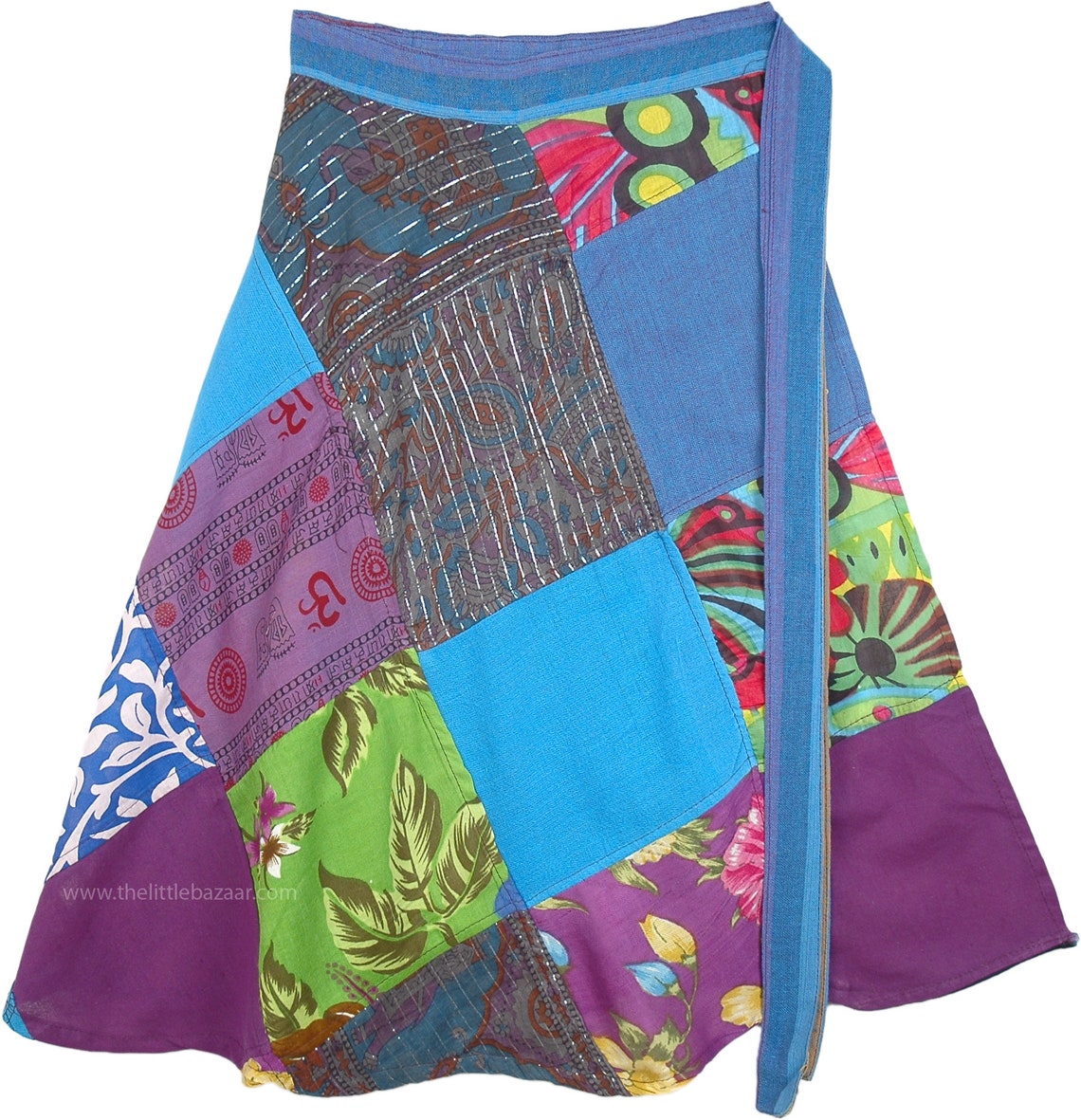 Knee Length Blue Floral Printed Patchwork Cotton Summer Wrap Around ...