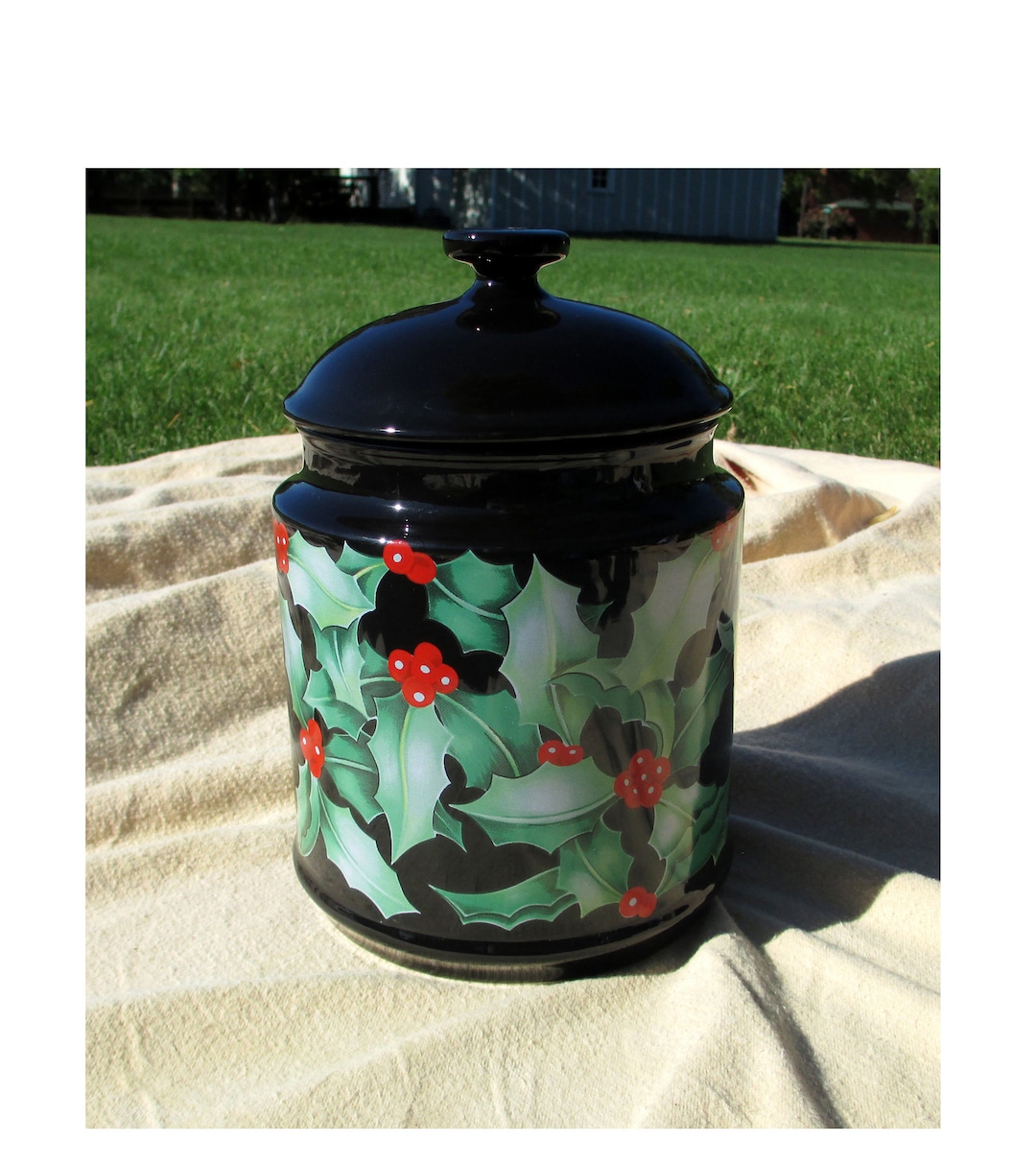Vintage Canister Cookie Jar Dunoon Stoneware Holiday Holly Made in ...